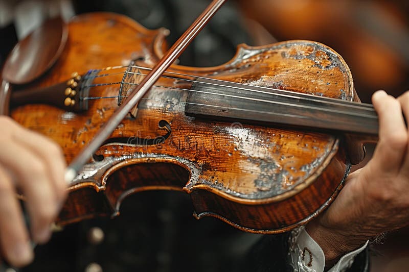 Violinist Skillfully Playing a Four String Amati Violin in a Close Up ...