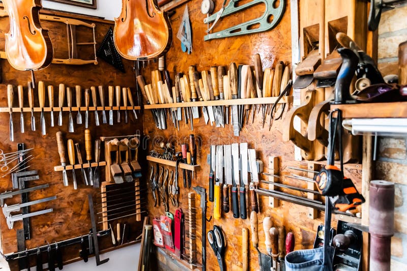 Violins Workshop, Luthier, Violins and Many Tools Stock Image - Image ...