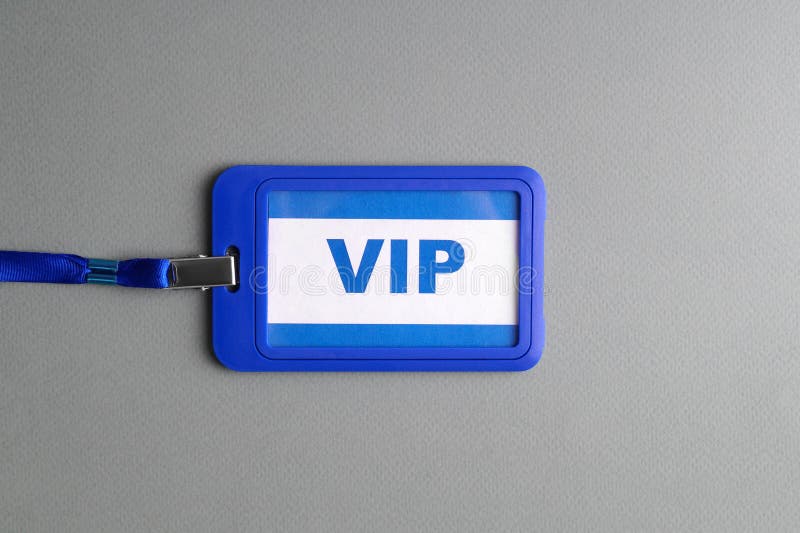 Vip Badge on Grey Textured Background, Top View Stock Photo - Image of ...