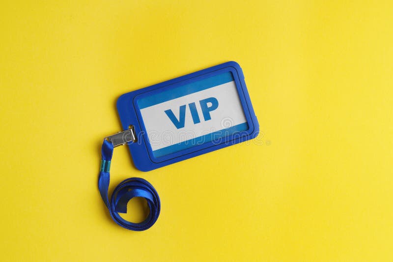 Vip Badge on Yellow Background, Top View Stock Photo - Image of hang ...