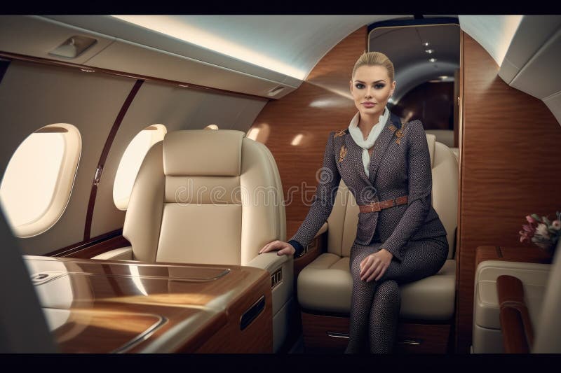 VIP Flight Attendant in Luxurious Uniform on Empty Private Jet ...