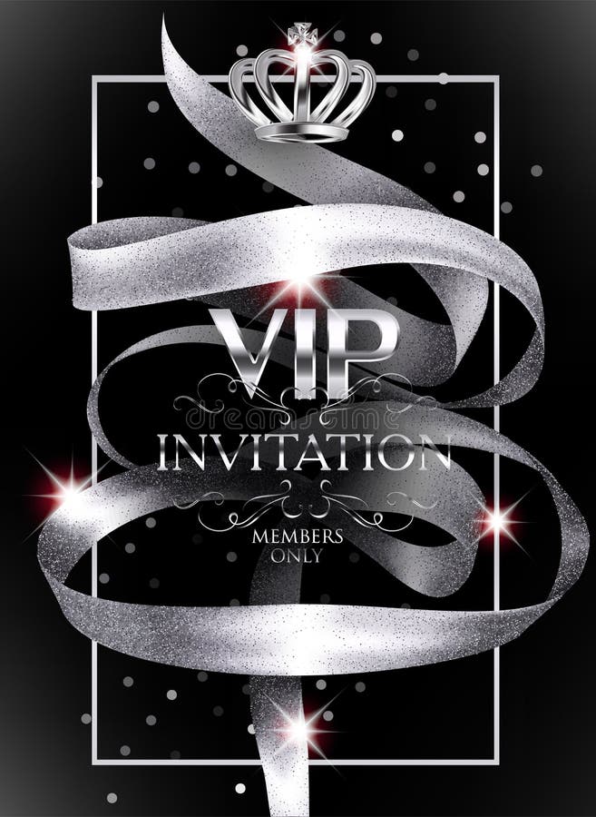 VIP Invitation Card with Silver Sparkling Curly Ribbons. Stock Vector ...