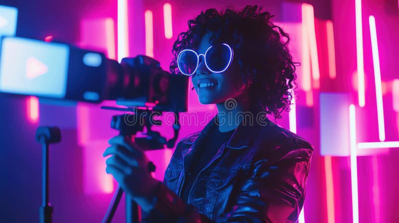 Viral Content Creator Recording an Engaging Video with Neon Lighting ...