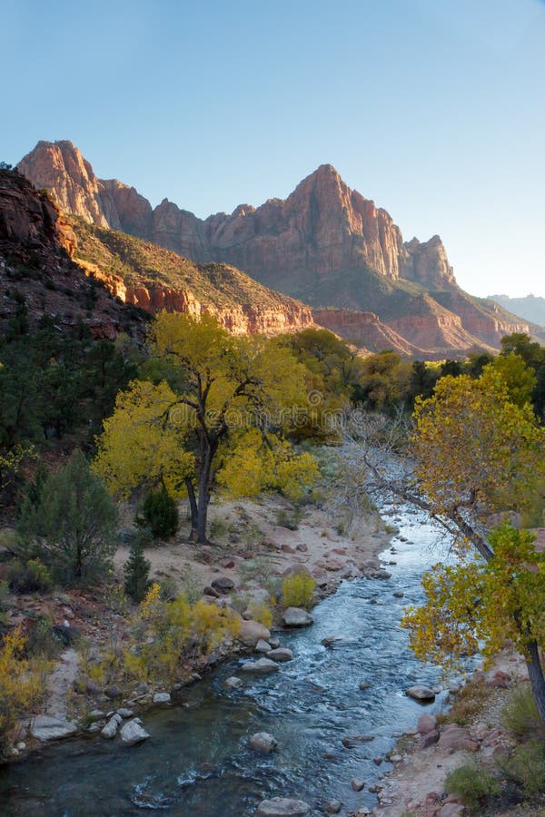 Virgin River Valley and Sunlit Mountains in Zion National Park Stock ...
