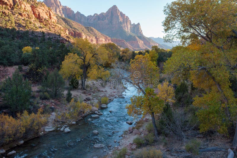 Virgin River Valley and Sunlit Mountains in Zion National Park Stock ...