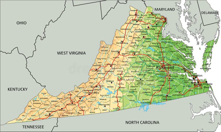 Detailed Virginia Physical Map with Labeling. Stock Vector ...