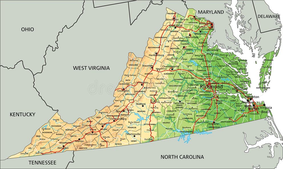 Detailed Virginia Physical Map with Labeling. Stock Vector ...