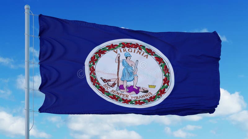 Virginia Flag on a Flagpole Waving in the Wind, Blue Sky Background. 3d ...