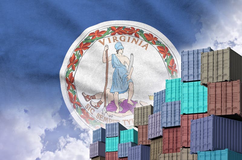 Virginia US State Flag and Big Stack of Shipping Cargo Containers in ...