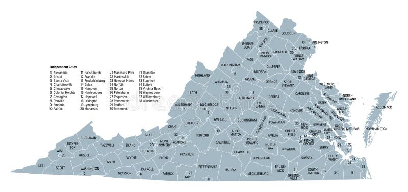U.S. State Virginia Counties and Cities, Gray Political Map Stock ...