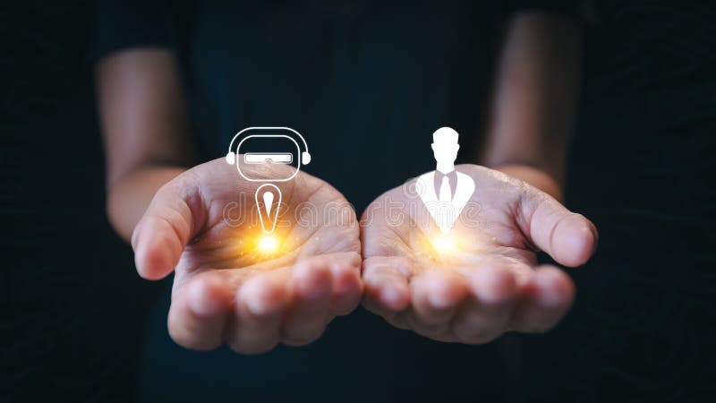 Virtual Artificial Intelligence of Robot and Man Icon on Hands. Stock ...