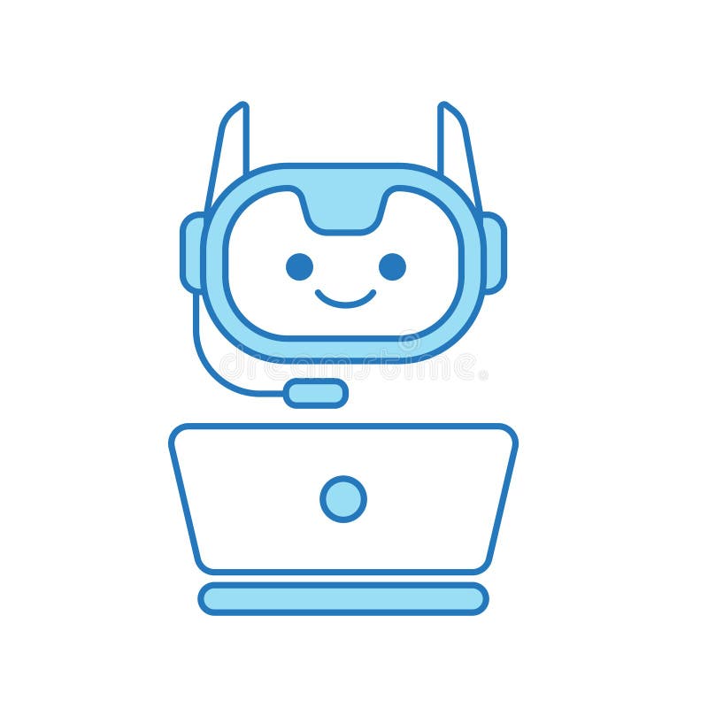 Virtual Assistant or Chat Bot Icon with Laptop and Headset Symbol Stock ...