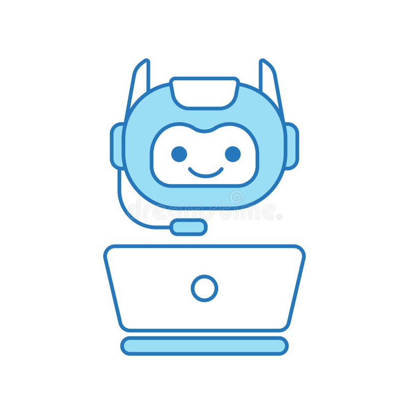 Virtual Assistant or Chat Bot Icon with Laptop and Headset Symbol Stock ...