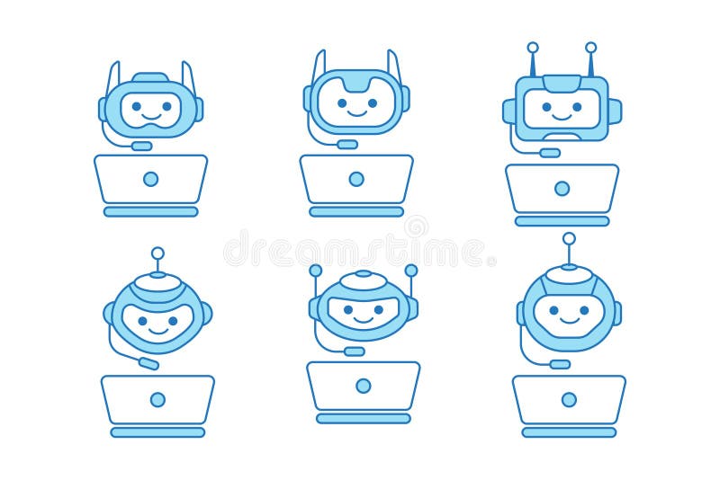 Virtual Assistant or Chat Bot Icon with Laptop and Headset Icon Stock ...