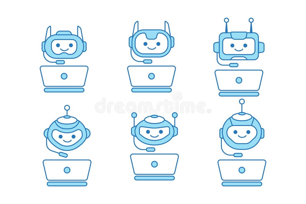 Virtual Assistant or Chat Bot Icon with Laptop and Headset Icon Stock ...