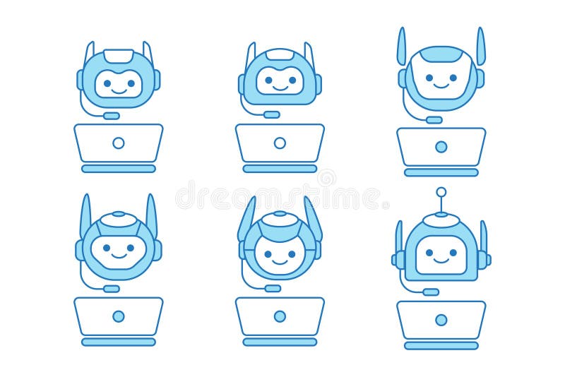 Virtual Assistant or Chat Bot Icon with Laptop and Headset Icon Stock ...
