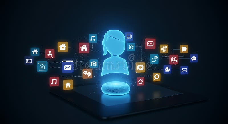 Virtual Assistant Connecting To Various App Icons on Tablet Stock ...