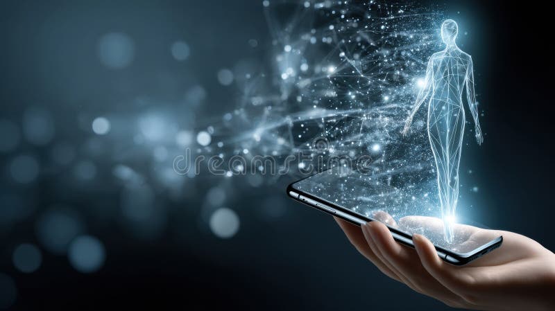 Virtual Assistant Emerges from Smartphone with Bright Sparkles in a ...
