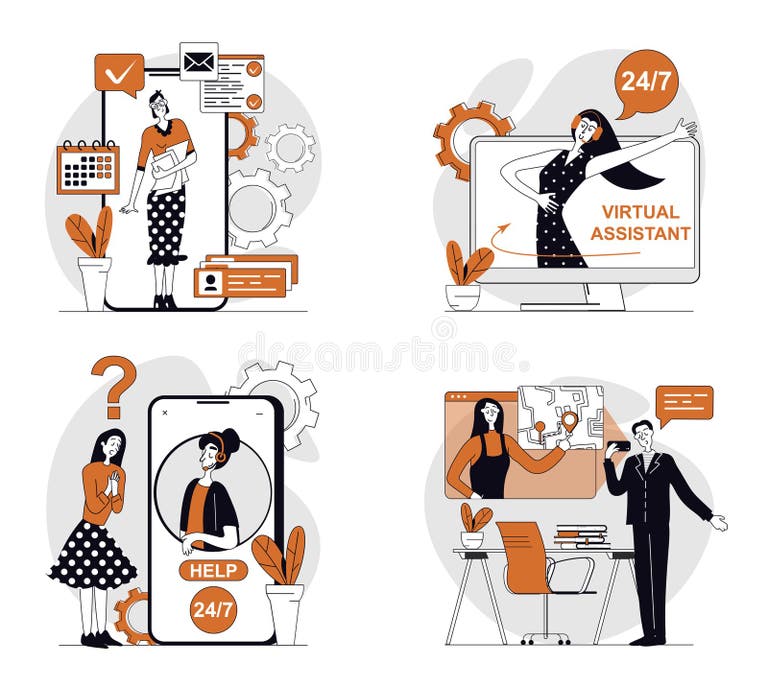 Virtual Assistant Flat Concepts Stock Vector - Illustration of operator, talking: 365157914