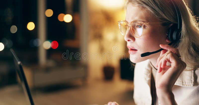 Virtual Assistant, Headset and Woman Agent in Office at Night for ...