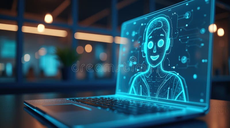 Virtual Assistant Interface Shown on a Holographic Screen in a Modern ...