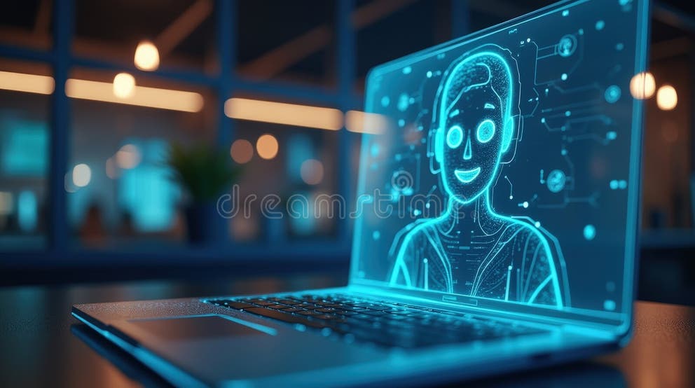 Virtual Assistant Interface Shown on a Holographic Screen in a Modern ...