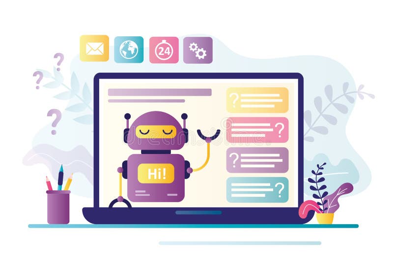 Virtual Assistant on Laptop Screen. Robot Helps Clients on Various ... Virtual Assistant on Laptop Screen. Robot Helps Clients on Various ...