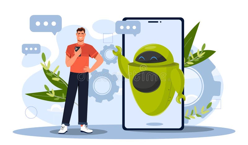 Virtual Assistant Mobile. Man Near Smartphone with Internet Bot ...