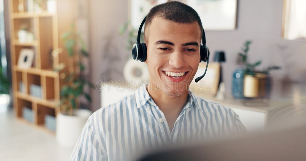 Virtual Assistant, Remote Work and Man with Headset in Home for ...