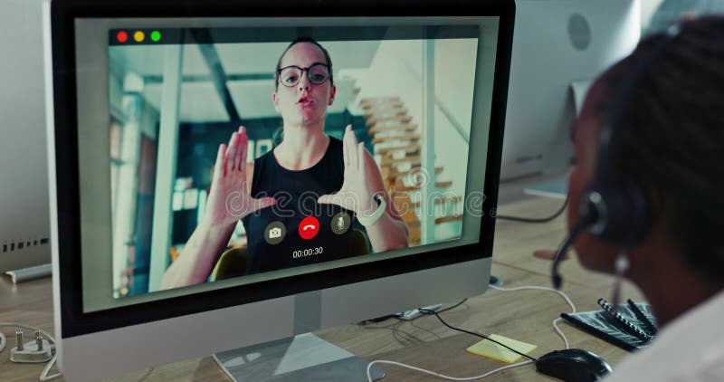 Virtual Assistant, Video Call and Woman on Computer for Learning ...