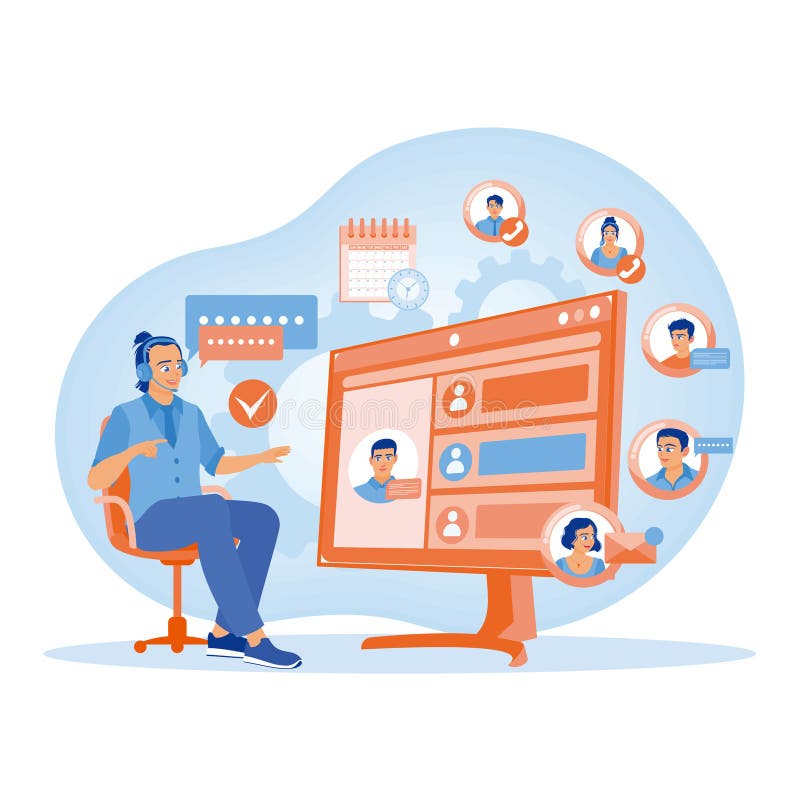 Virtual Assistant Working with a Computer. Man Using Headphones Talking ...