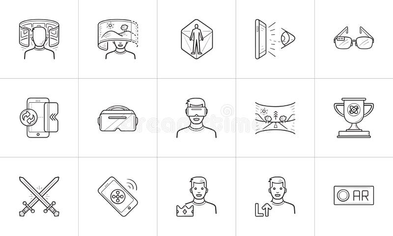 Virtual and Augmented Reality Hand Drawn Outline Doodle Icon Set. Stock ...