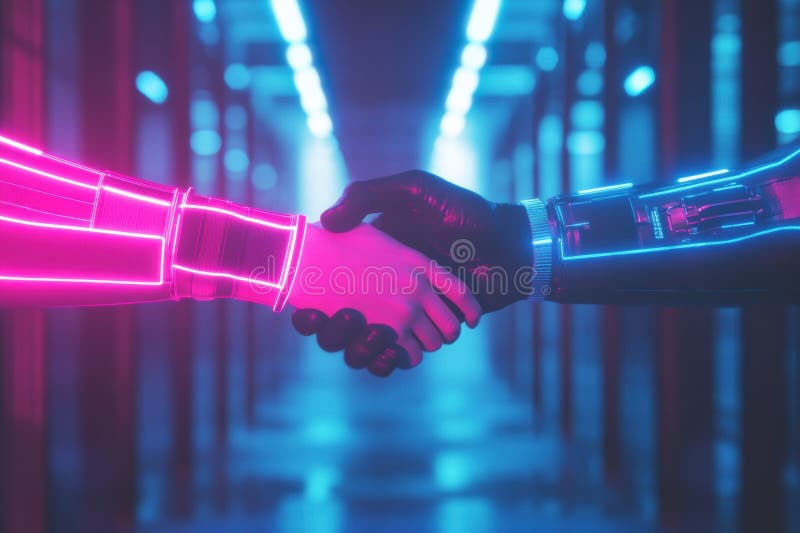 Virtual Avatars Engaging in Handshake within a Neon Lit Metaverse ...