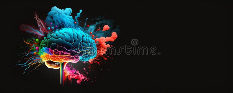 Virtual Brain with Bright Explosion Isolated on Black Banner ...