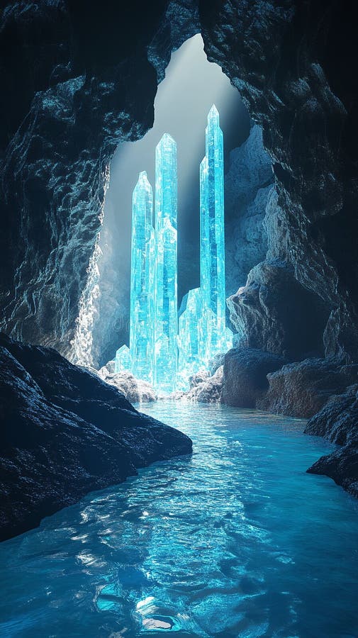 A Virtual Cave with Crystal Walls and a Glowing Digital River. Stock ...