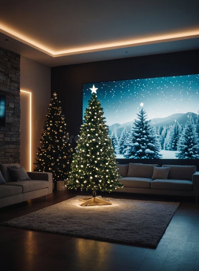 Virtual Christmas Tree on Digital Screen in Futuristic Living Room ...