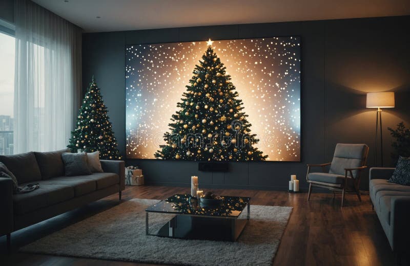 Virtual Christmas Tree on Digital Screen in Futuristic Living Room ...