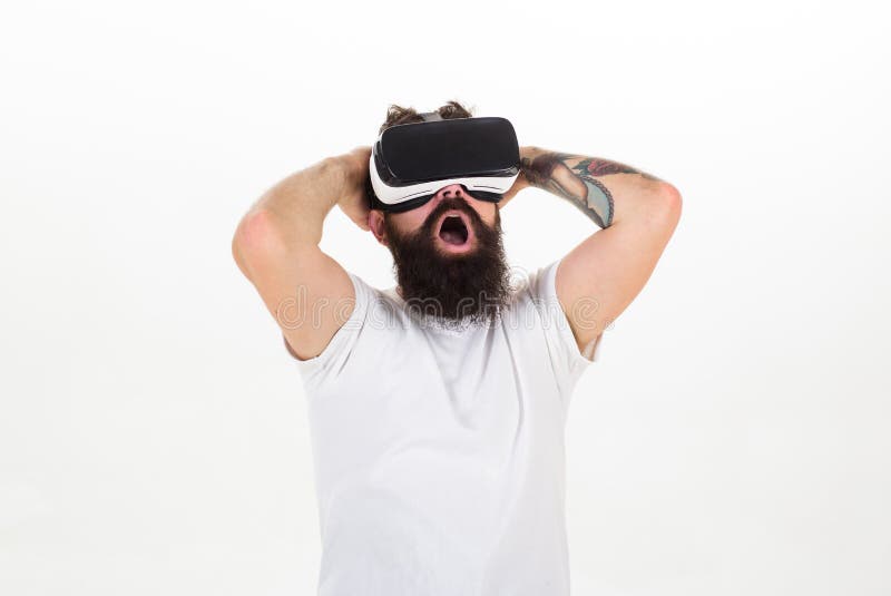 Virtual Cinema Concept. Guy with Head Mounted Display Enjoy Virtual ...