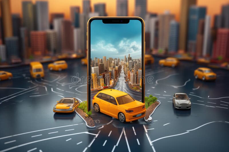 Virtual City and Car in Smartphone Screen. Augmented Reality ...