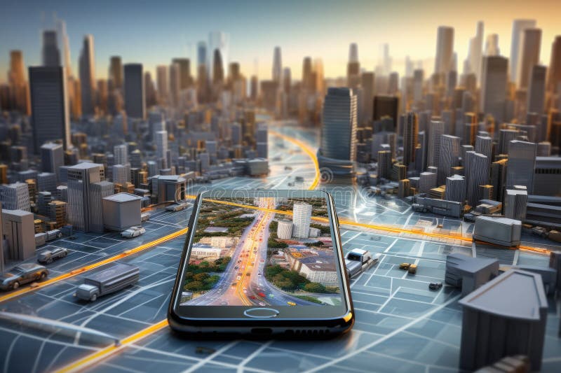 Virtual City and Car in Smartphone Screen. Augmented Reality ...