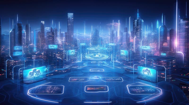 A Virtual City with Holograms and Bright Road Lines Stock Image - Image ...