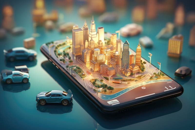 Virtual City in Smartphone Screen. Augmented Reality Cityscape ...