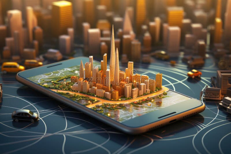 Virtual City in Smartphone Screen. Augmented Reality Cityscape ...