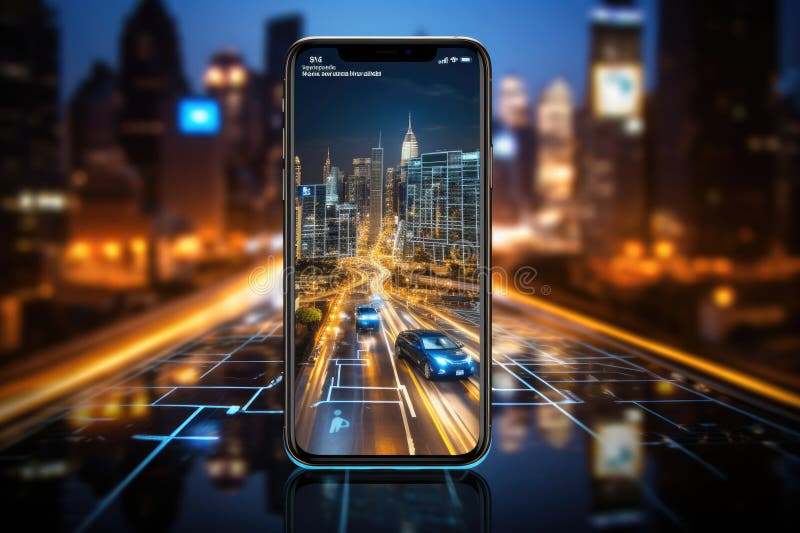 Virtual City in Smartphone Screen. Augmented Reality Cityscape ...