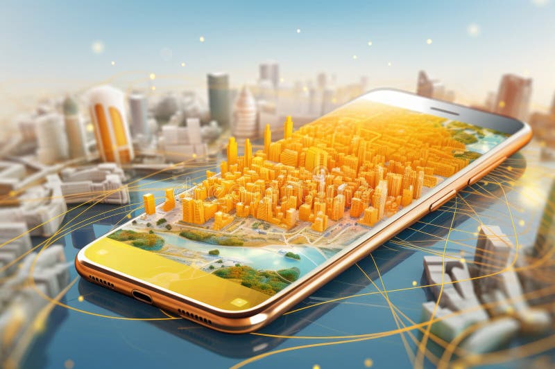 Virtual City in Smartphone Screen. Augmented Reality Cityscape ...