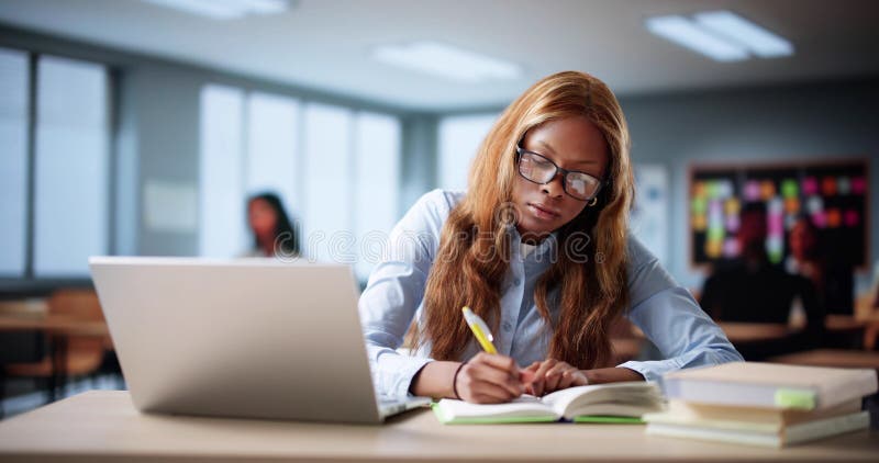 Virtual Classroom: African-American Student Studying with Laptop Stock Image - Image of student ...