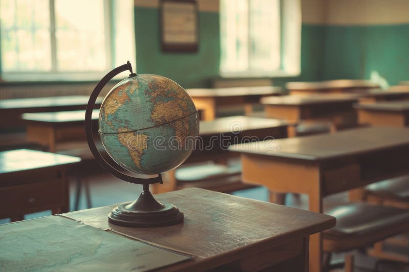 Virtual Classroom with Globe and Desks, Enhancing Learning Experience ...