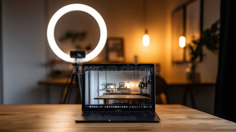 Virtual Classroom Setup with Ring Light and Webcam on a Wooden Desk for ...