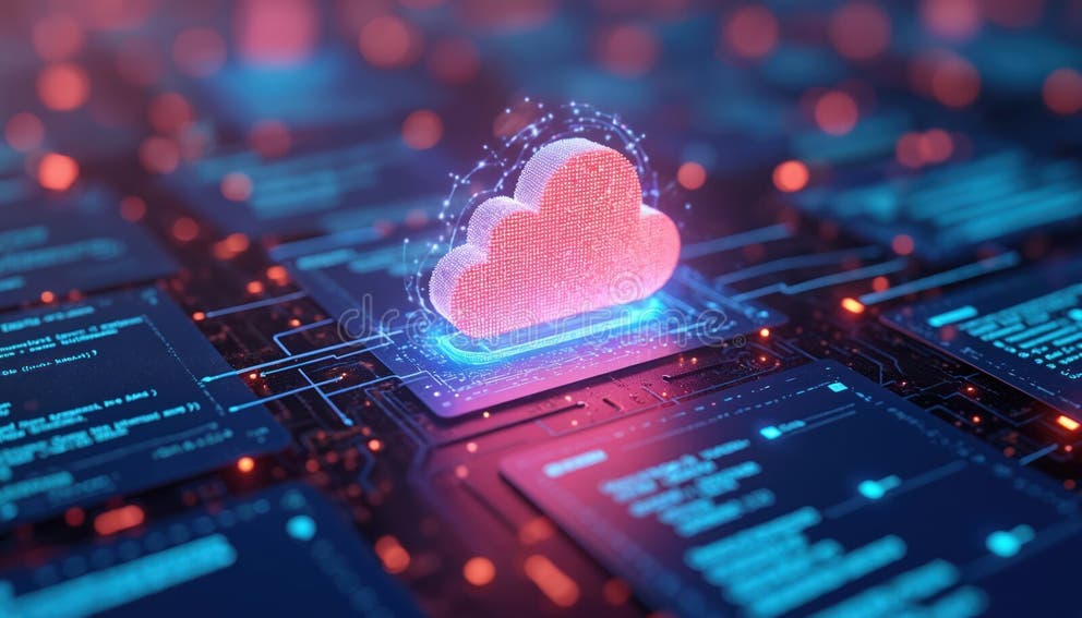 Virtual Cloud Data Storage with Computer Connection. Online Hosting, Data Processing Platform ...