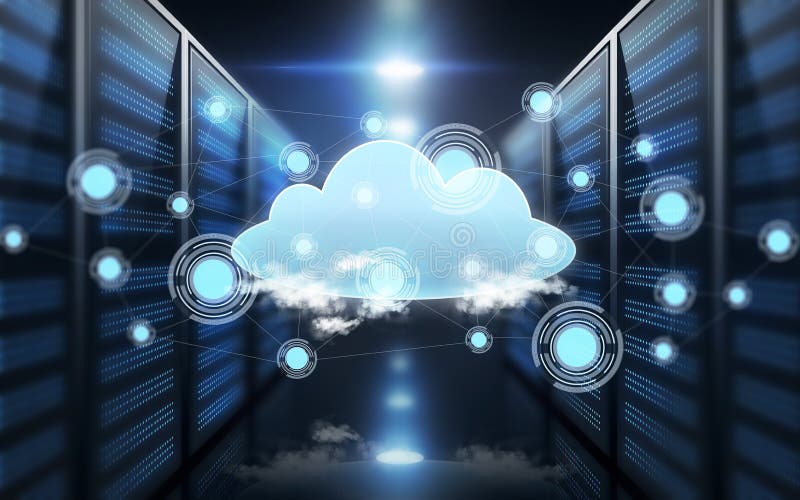 Virtual Cloud Hologram Over Futuristic Server Room Stock Illustration ...